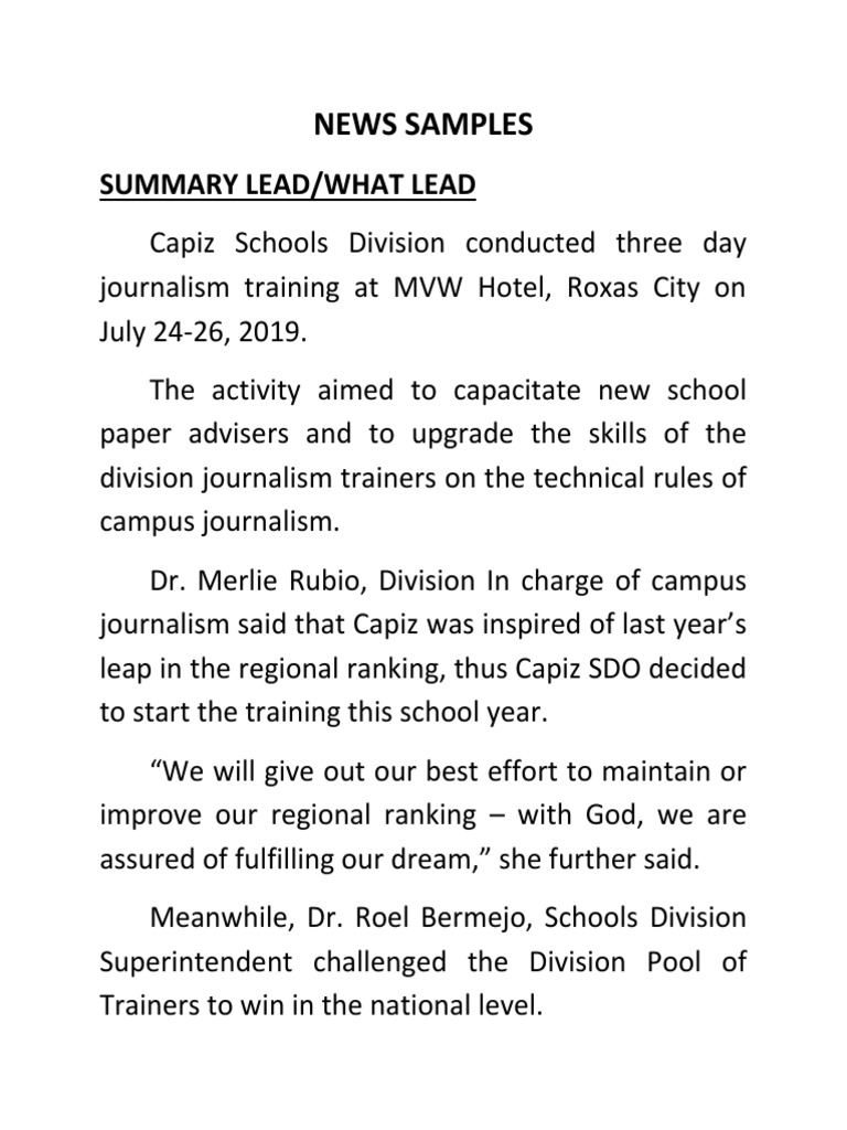 News Samples: Summary Lead/What Lead | PDF