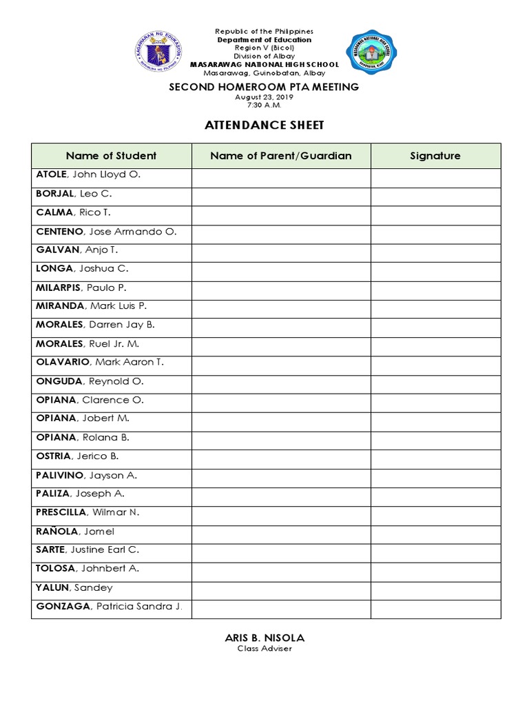 Attendance Sheet: Second Homeroom Pta Meeting | PDF