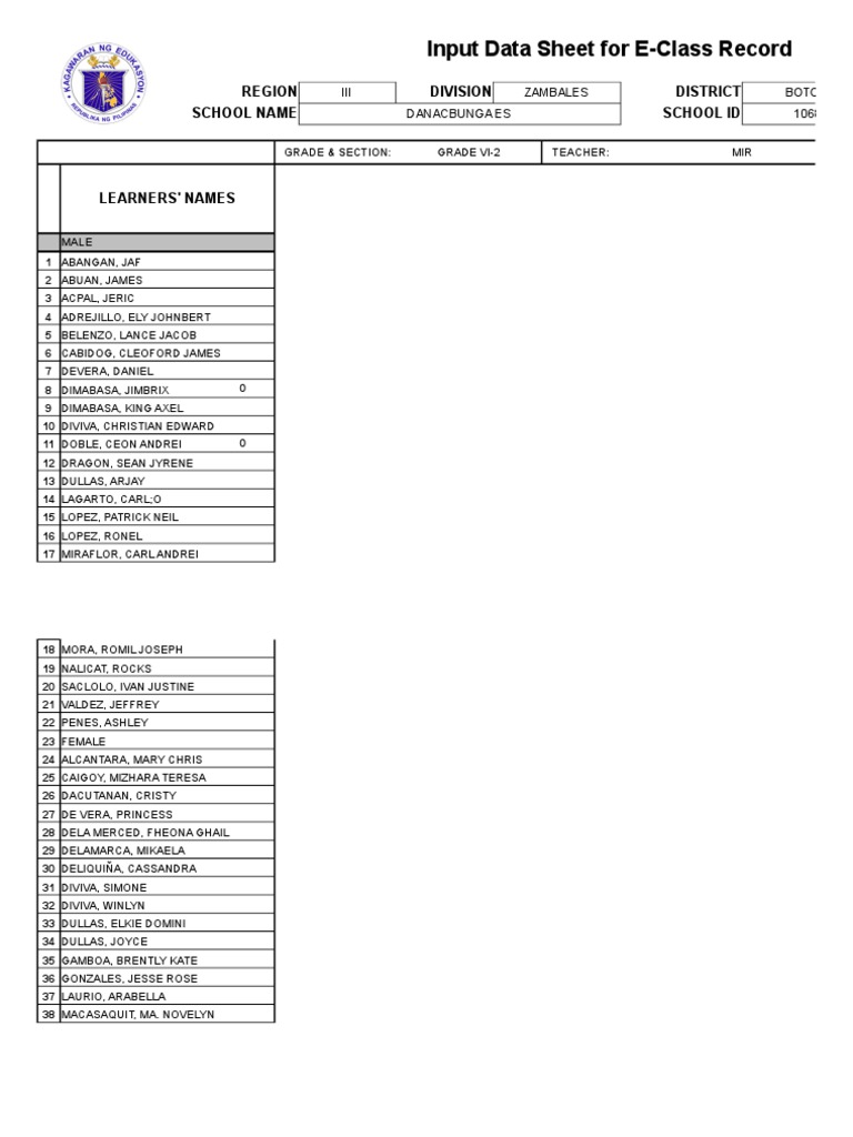 Grade VI-2 Class Record for First Quarter Mathematics under Teacher ...