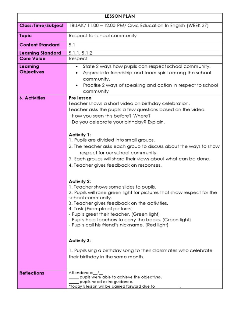 Sivik RPH Yr1 Respect | PDF | Lesson Plan | Learning