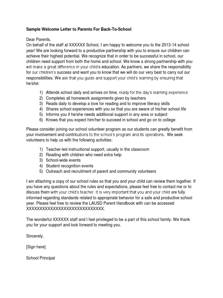 Sample Welcome Letter To Parents For Back-To-School | PDF
