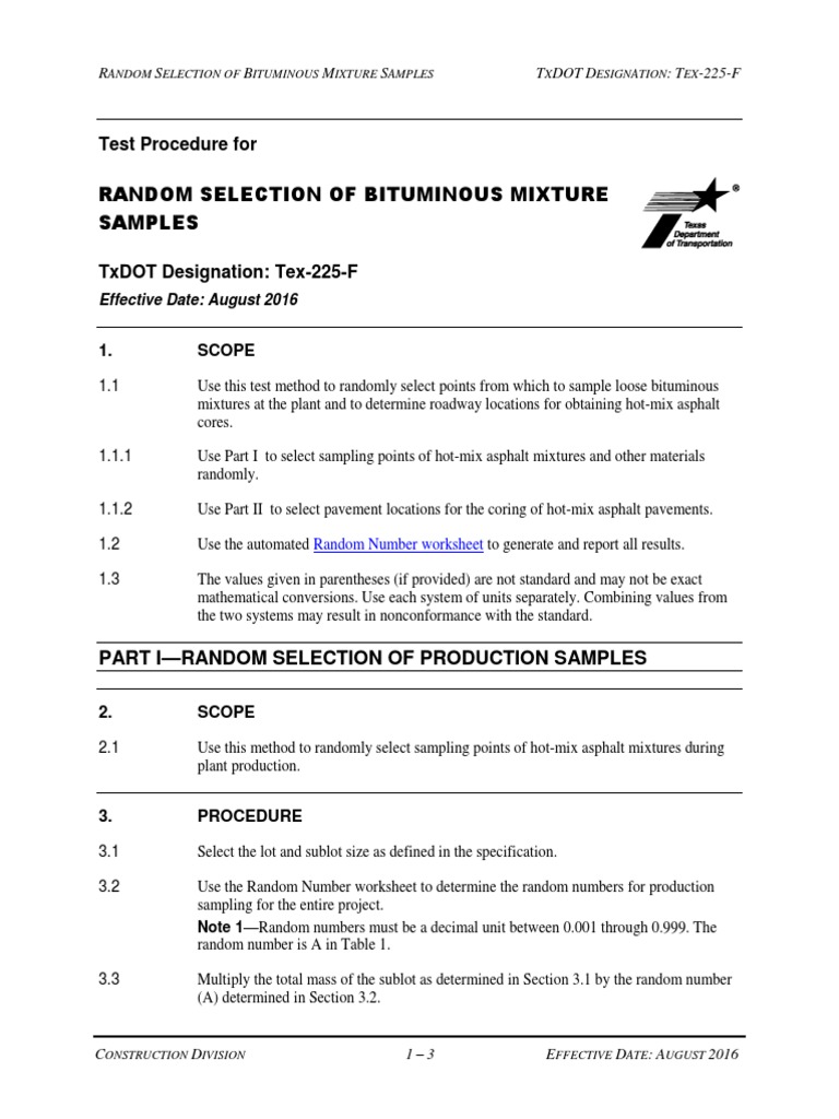 Random Selection of Bituminous Mixture Samples: Test Procedure For ...