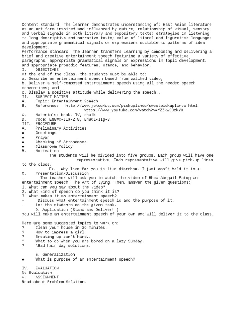 Lesson Plan Entertainment Speech | PDF | Lesson Plan | Entertainment