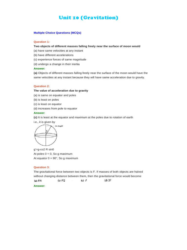 Unit 10 (Gravitation) : Multiple Choice Questions (MCQS) | PDF ...