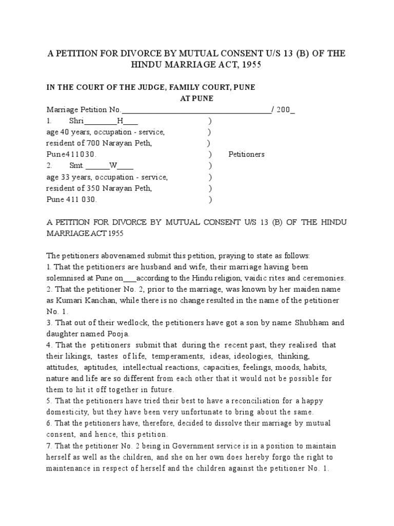 A petition for divorce by mutual consent us 13 (b) of the hindu ...