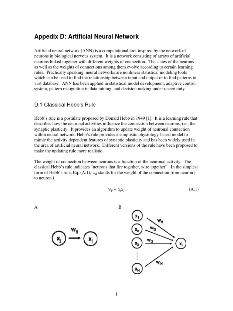 Appedix D: Artificial Neural Network: D.1 Classical Hebb's Rule | PDF ...