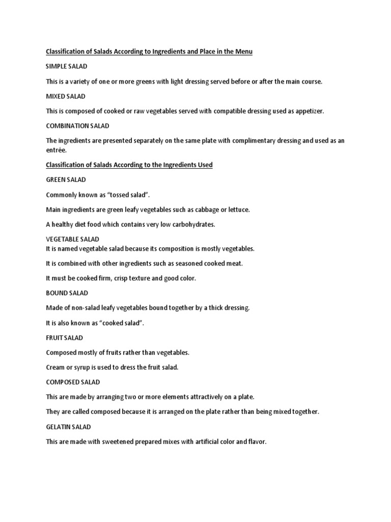 Salad Classifications by Ingredients and Course | PDF