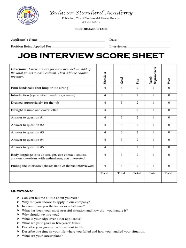 Teacher Job Interview Score Sheet | PDF | Job Interview | Psychological ...