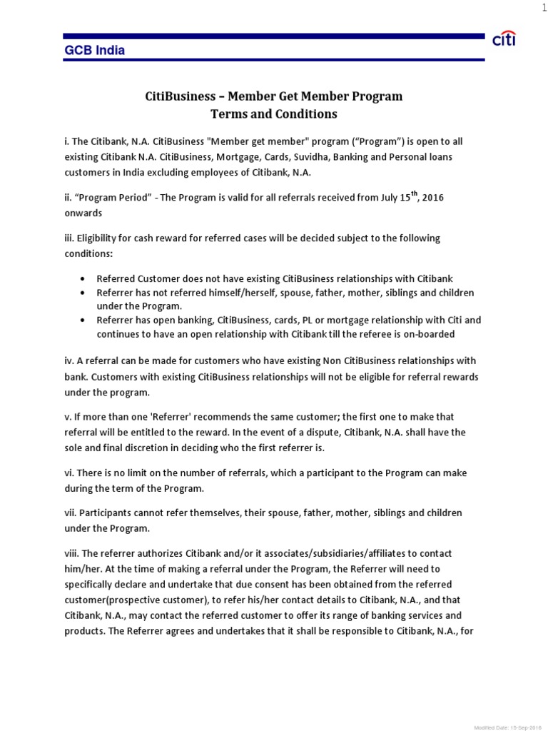Citibusiness - Member Get Member Program Terms and Conditions | PDF ...