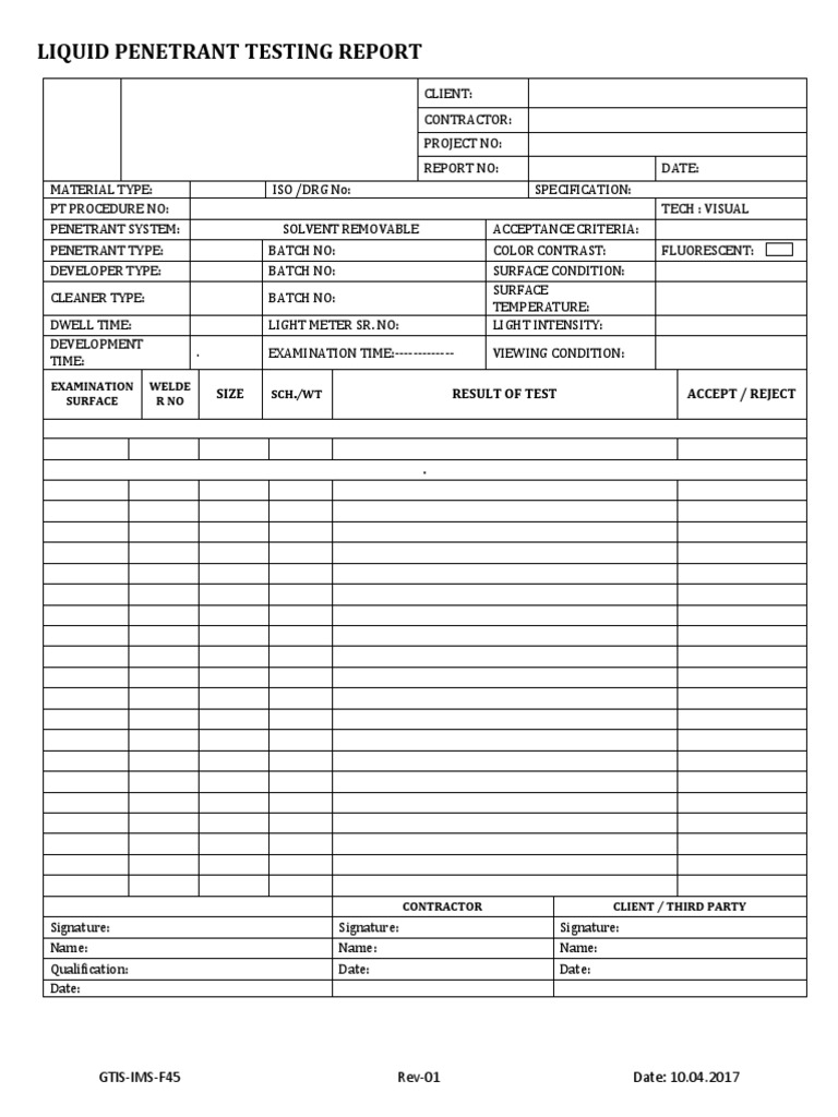 Liquid Penetrant Testing Report: Size Result of Test Accept / Reject | PDF