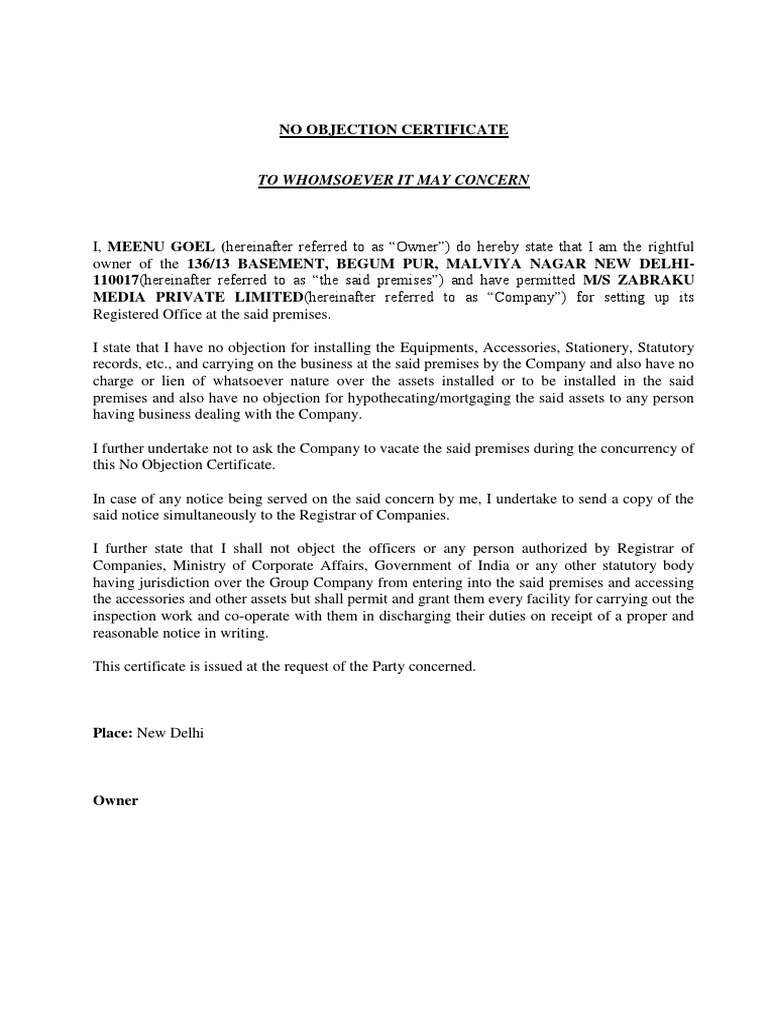 NOC - Use of Premises On Rent | PDF | Civil Law (Legal System) | Civil ...