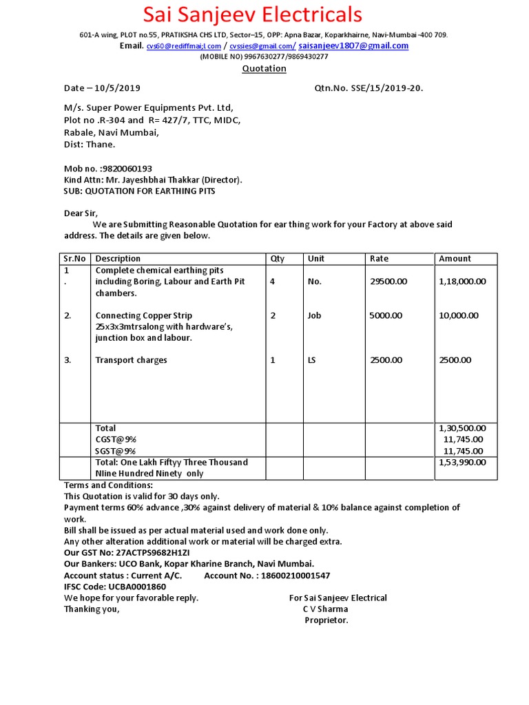 Quotation for Earthing Pits Services | PDF | Economies | Banking