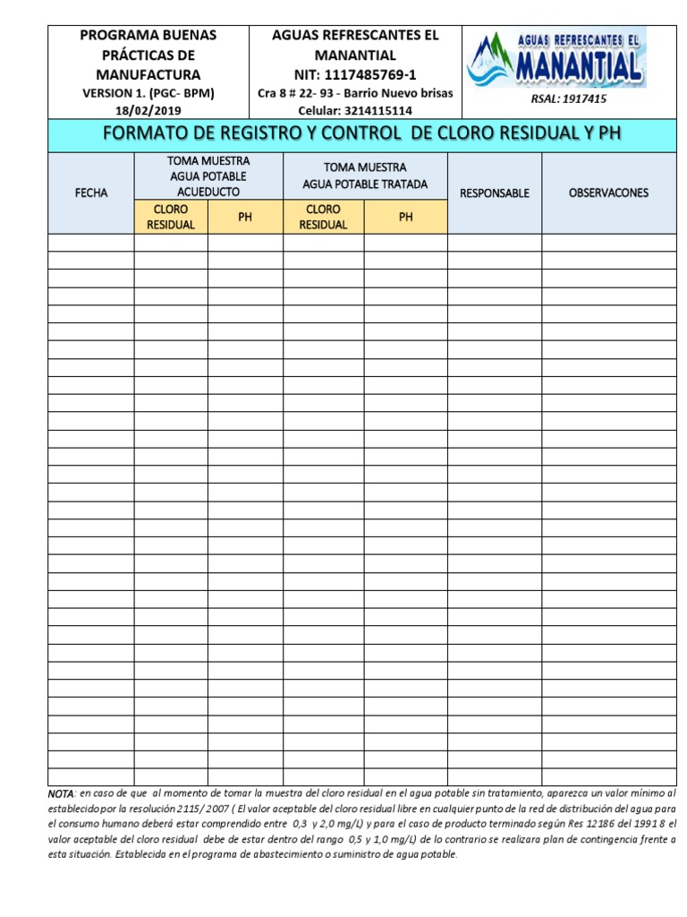 Formato - Cloro Residual y PH | PDF | Tecnología