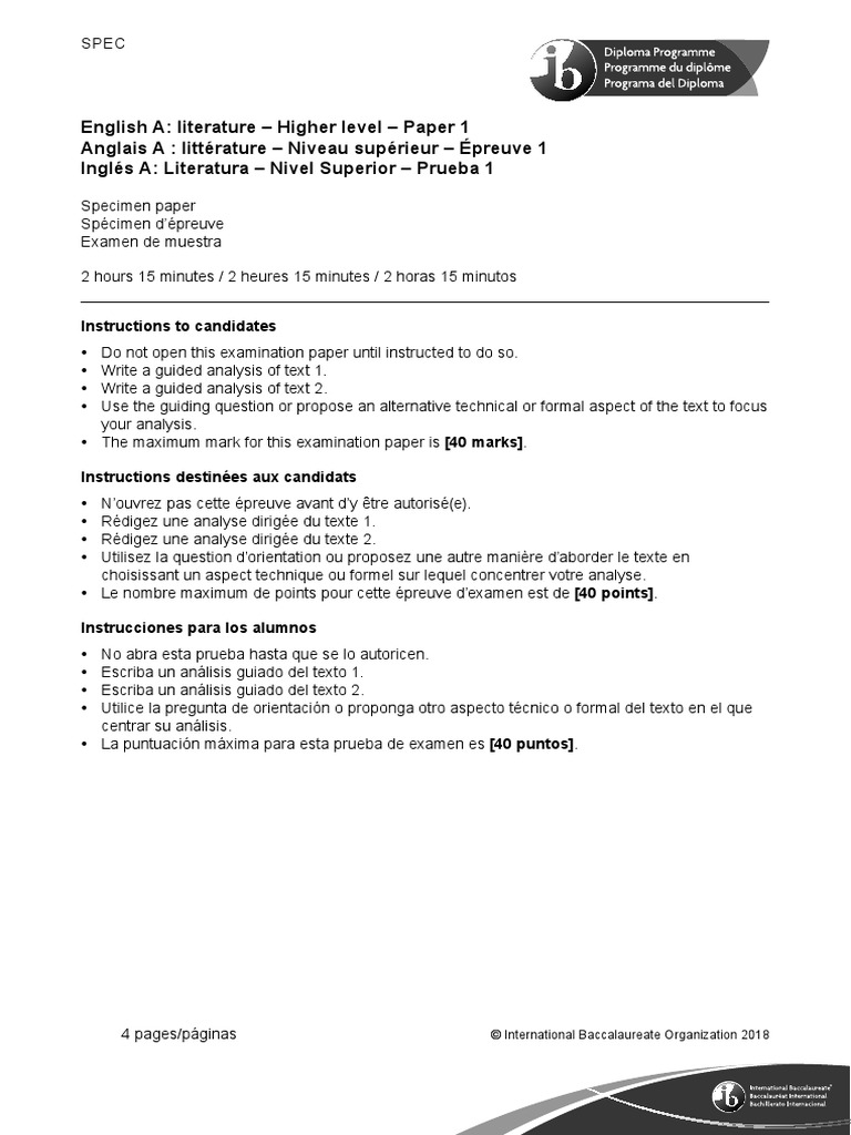 English A Literature Paper 1 and Marking Notes (First Assessment May ...