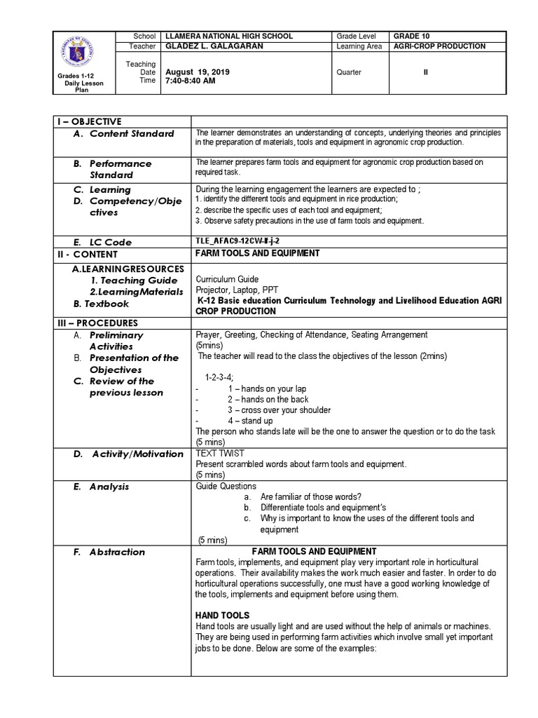 Farm Tools and Equipment Lesson Plan | PDF | Personal Protective ...