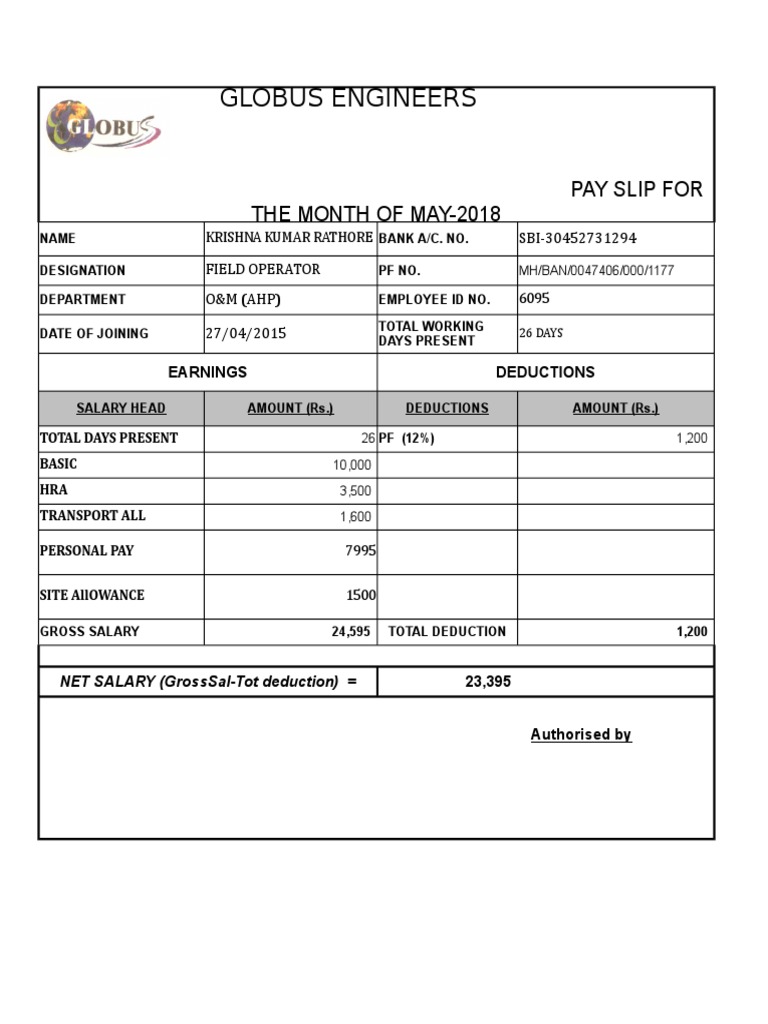 Globus Engineers: Pay Slip For The Month of May-2018 | PDF