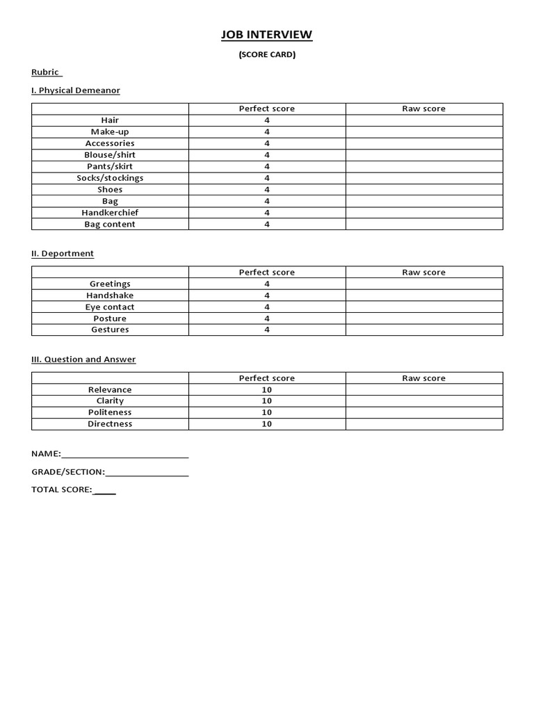 Job Interview: (Score Card) | PDF | Job Interview | Psychology