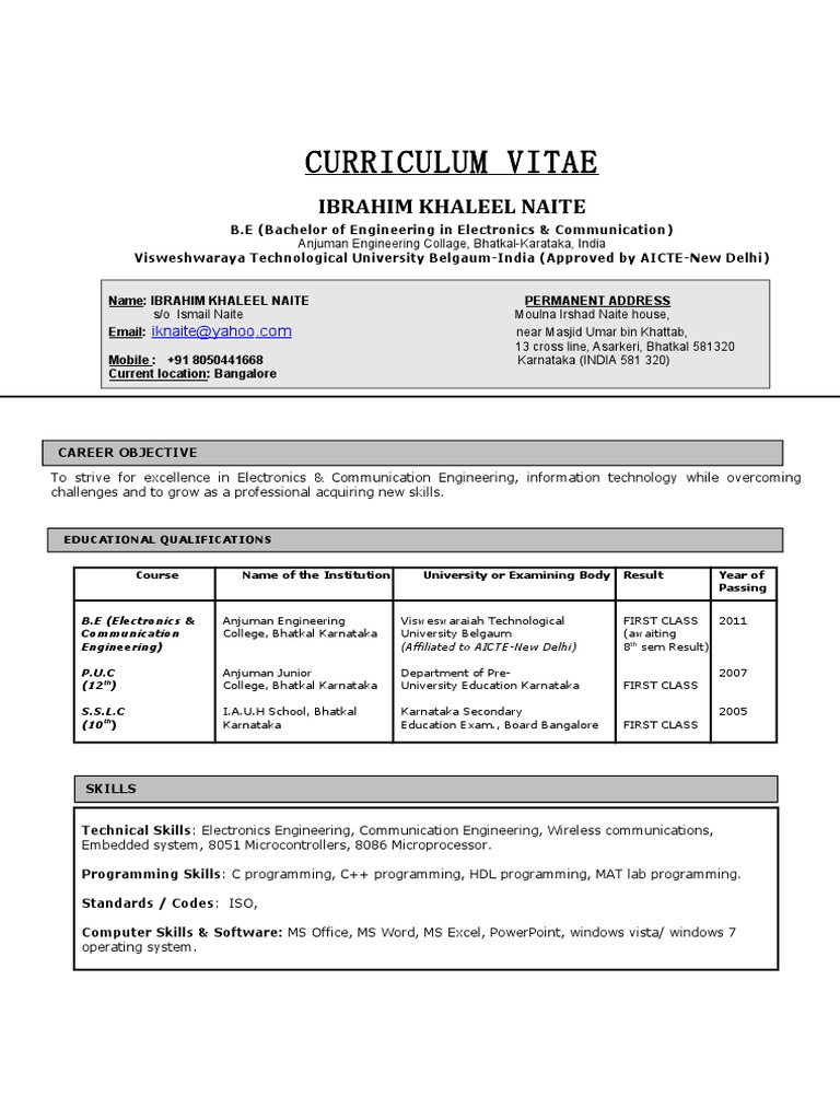 Curriculum Vitae of Ibrahim Khaleel Naite highlighting his educational qualifications, skills ...