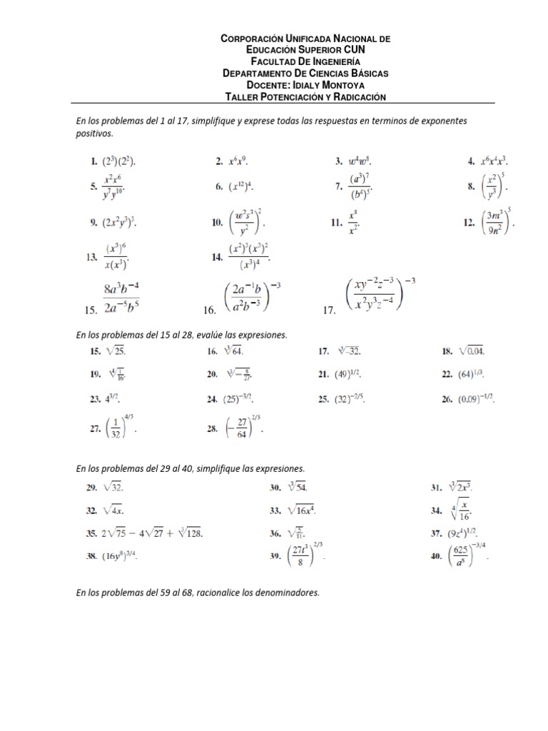 Taller Potenciación y Radicación Cun PDF | PDF