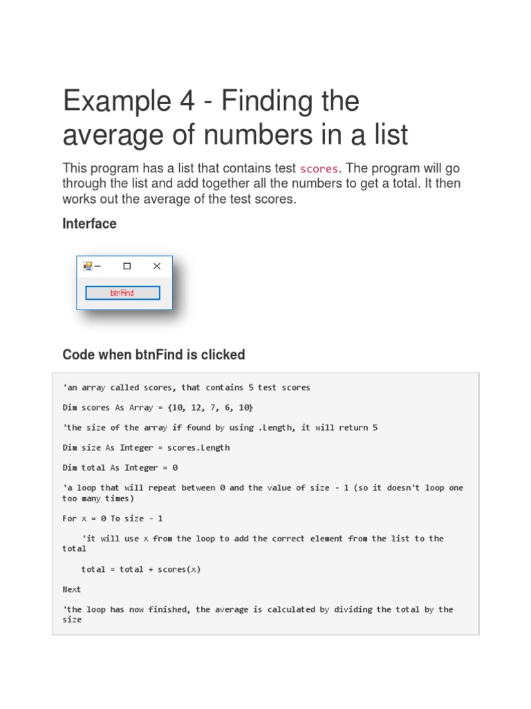 Example 4 - Finding The Average of Numbers in A List | PDF