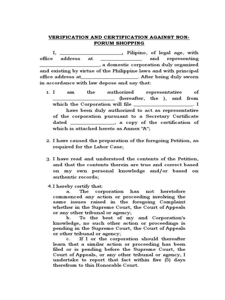 Verification and Certification Against Non-Forum Shopping Template ...