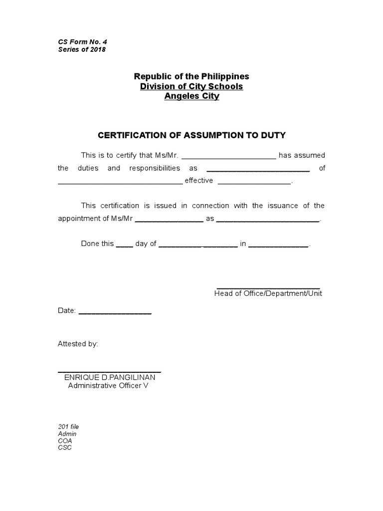 Certification of Assumption To Duty PDF | PDF
