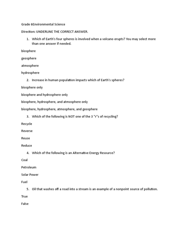 Grade 6 Environmental Science Quiz | PDF | Fuels | Fossil Fuels
