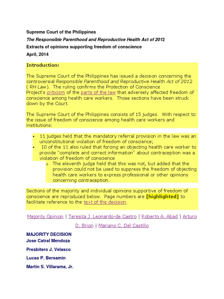 Supreme Court Upholds Conscience Clause in Philippines RH Law | PDF ...