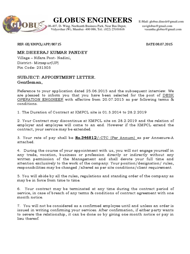 Appointment Letter | PDF | Employment | Common Law