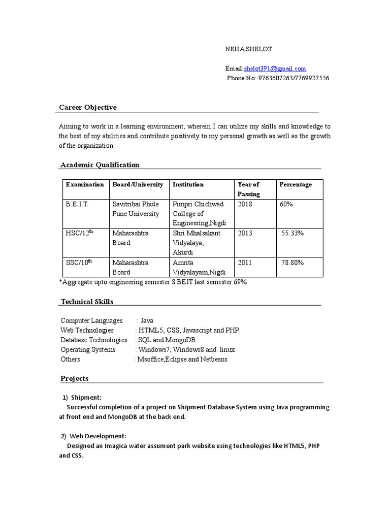 Career Objective Neha Shelot Email Phone No 9763607263 7769927556