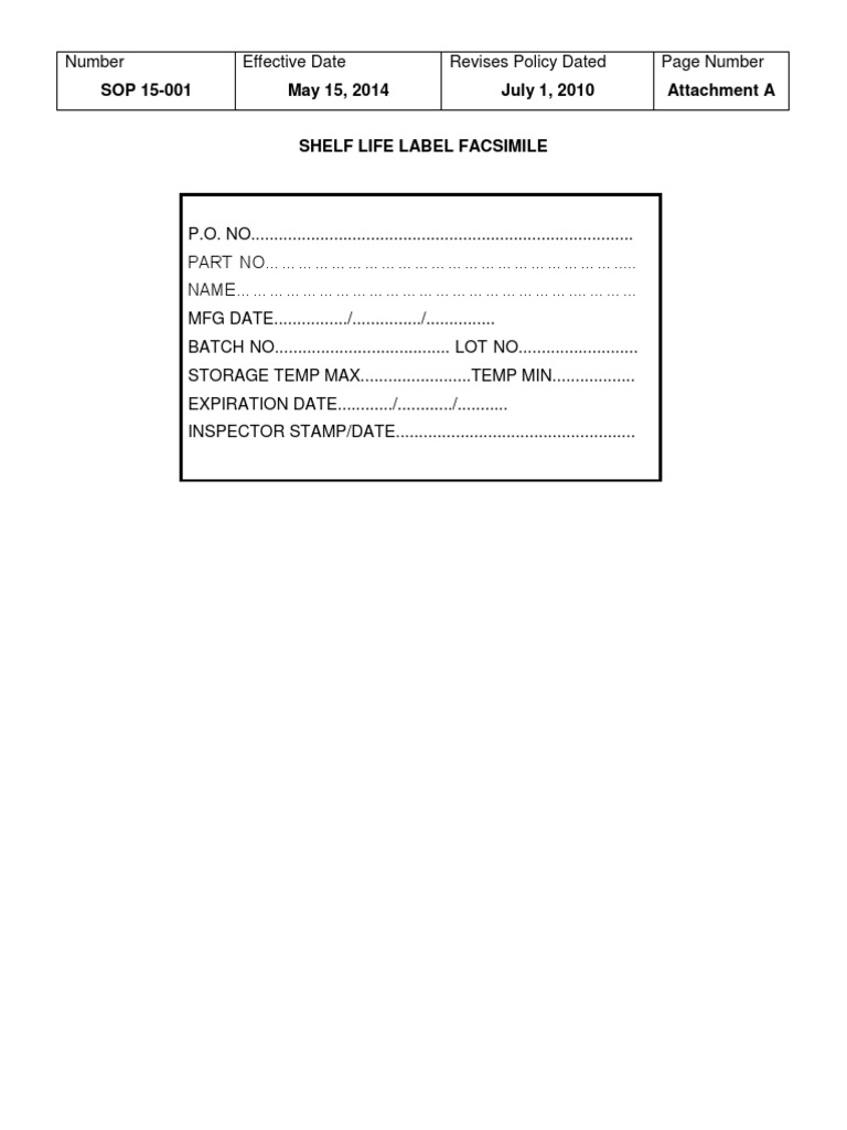 SOP 15-001 May 15, 2014 July 1, 2010 Attachment A | PDF | Shelf Life ...