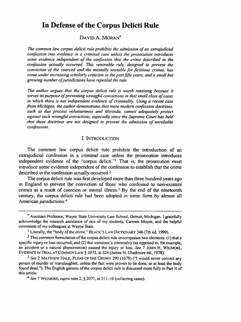 In Defense of The Corpus Delicti Rule | PDF | Confession (Law ...