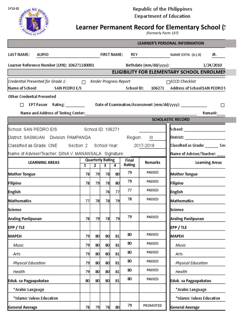 School Form 10 SF10 Learners Permanent Academic Record For Elementary School | PDF | Physical ...