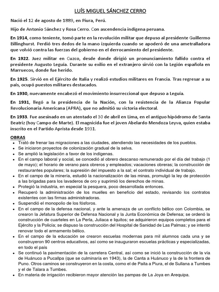 Luís Miguel Sánchez Cerro - Peru | PDF | Gobierno | Agitación