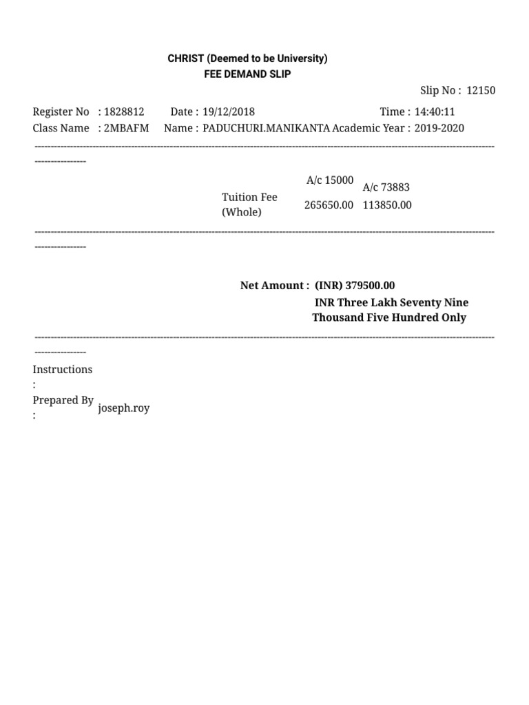 Christ University Fee Demand Slip | PDF | Services (Economics) | Learning