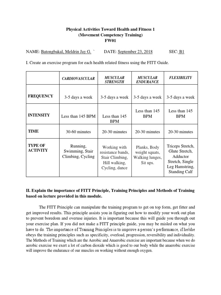 FITT Principle Act. (BB) Answer | PDF | Strength Training | Aerobic ...