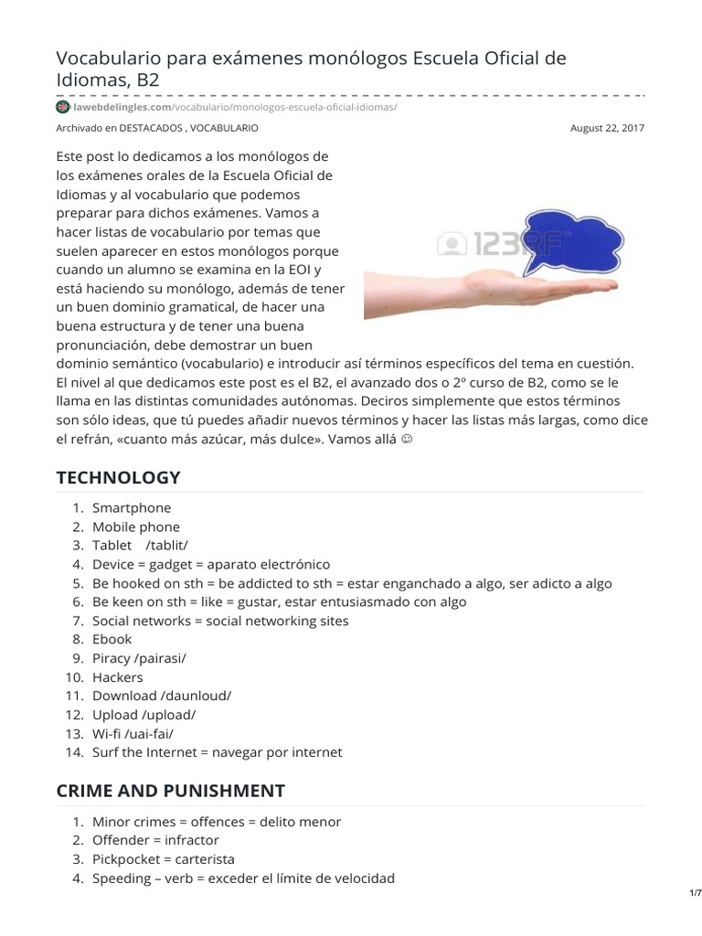 Vocabulario para Exámenes Monólogos Escuela Oficial de Idiomas B2 | PDF ...