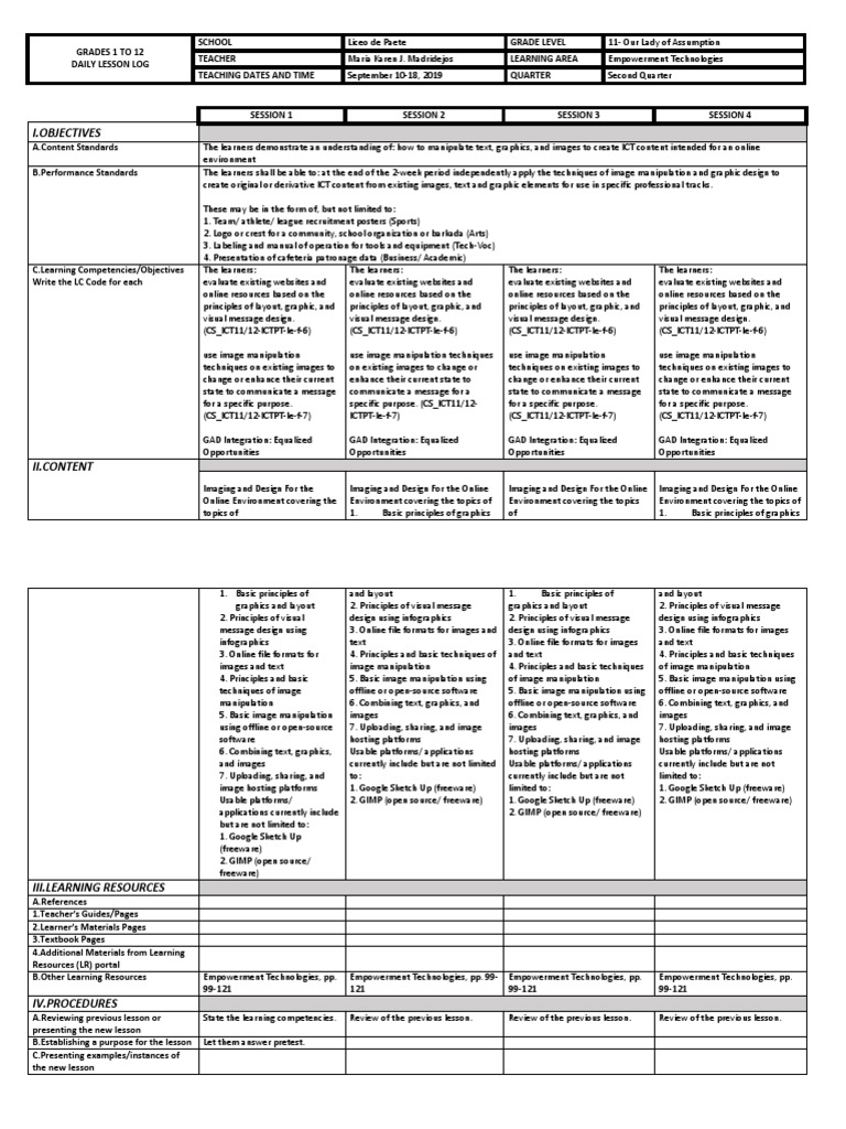 I.Objectives: Grades 1 To 12 Daily Lesson Log School Grade Level ...