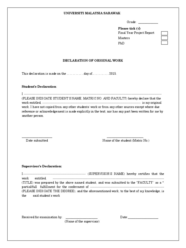 Student Declaration of Original Work | PDF | Thesis | Academia