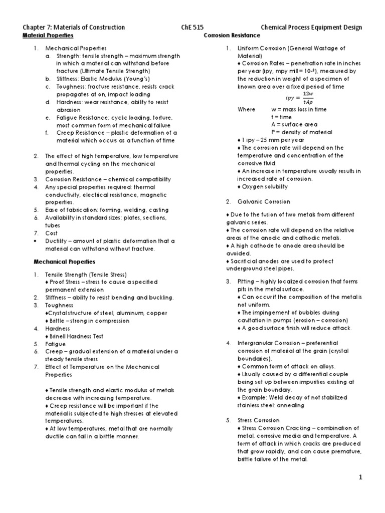Chapter 7: Materials of Construction Che 515 Chemical Process Equipment ...