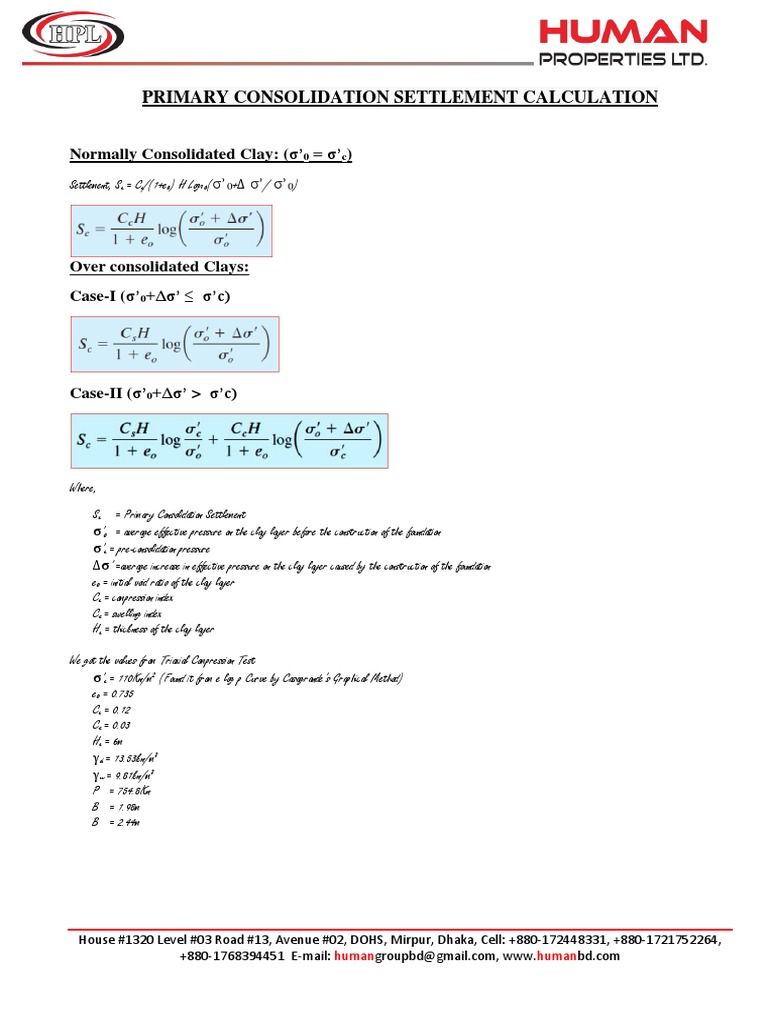 Primary Consolidation Settlement Calculation: Normally Consolidated Clay: (σ' = σ') | PDF