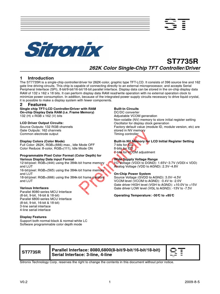 ST7735R TFT-LCD Controller Overview | PDF | Thin Film Transistor Liquid ...