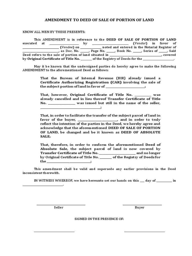 AMENDMENT To Deed of Sale of Portion of Land | PDF | Notary Public ...