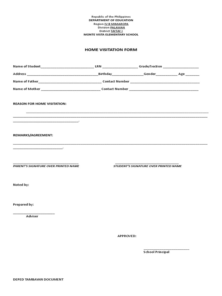 Home Visitation Form - DepEd Sample | PDF