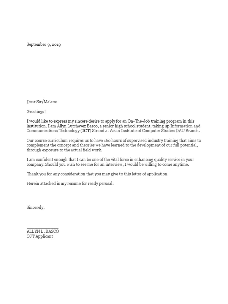 OJT Application Letter for ICT Student | PDF | Behavior Modification ...
