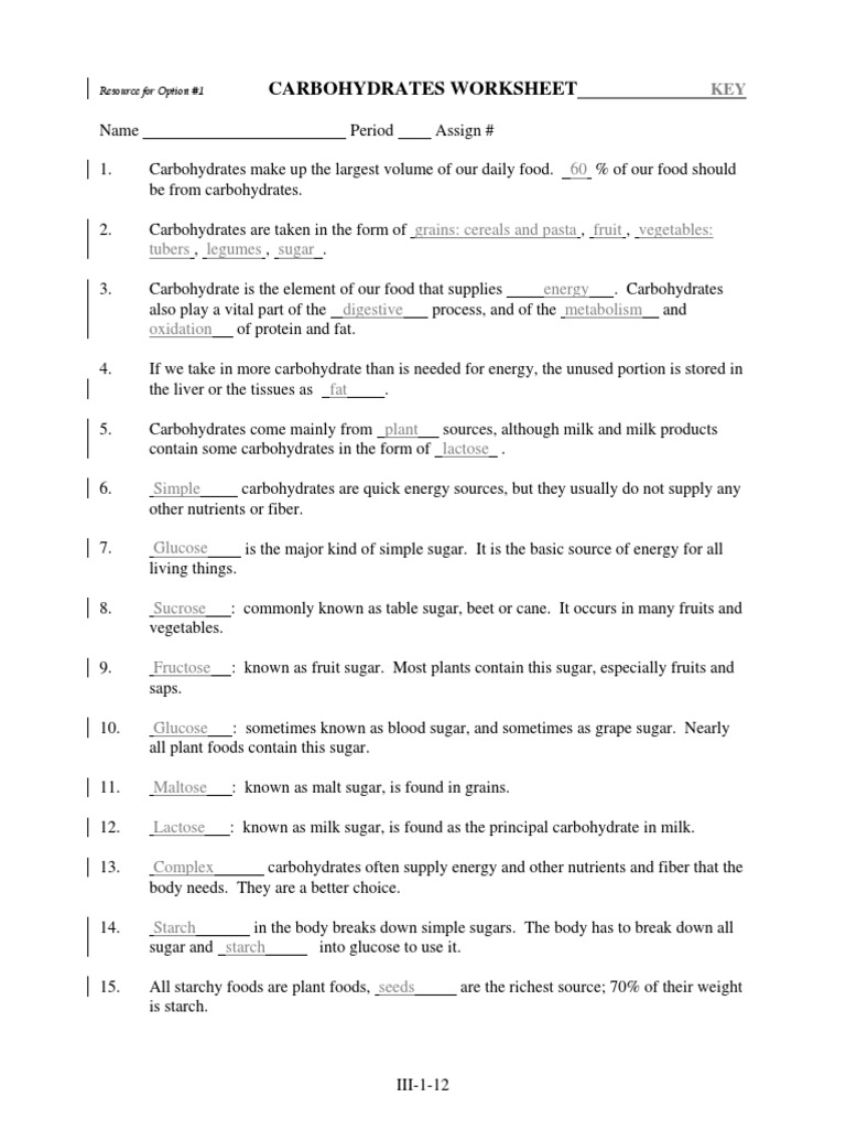 Carbohydrates Worksheet Key for Grade 10 | PDF