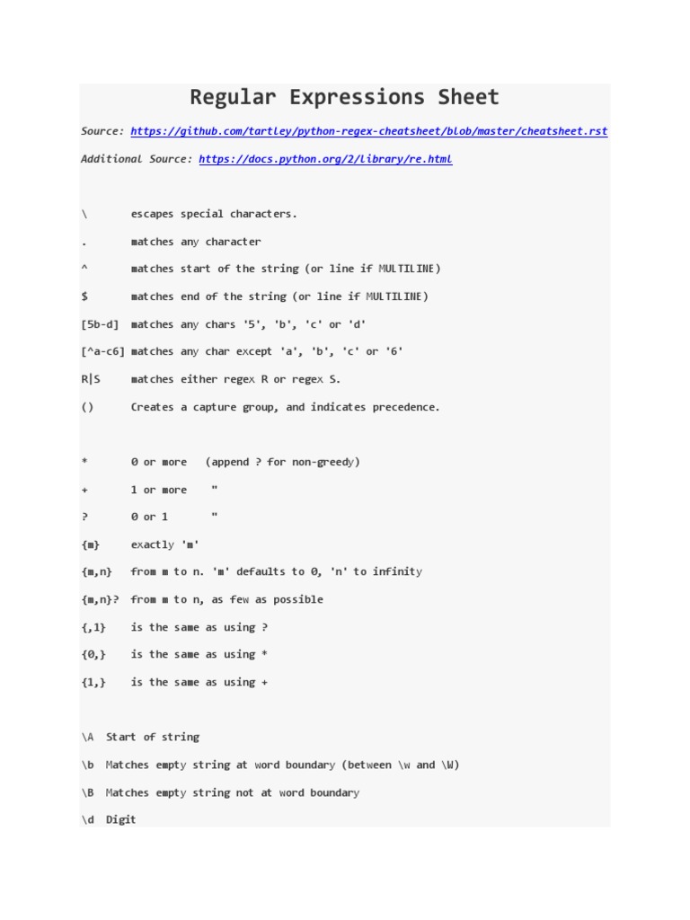 Regular Expressions Sheetpdf | PDF | Regular Expression | Character Encoding