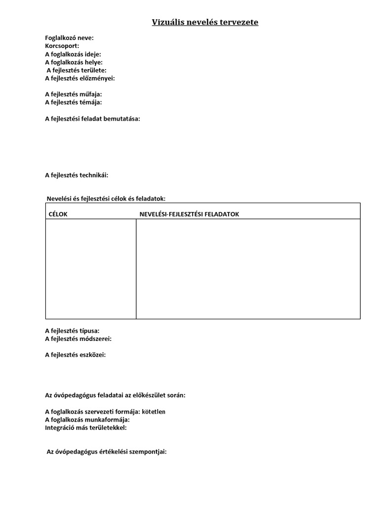 Vizuális Nevelés Tervezet Sablon | PDF