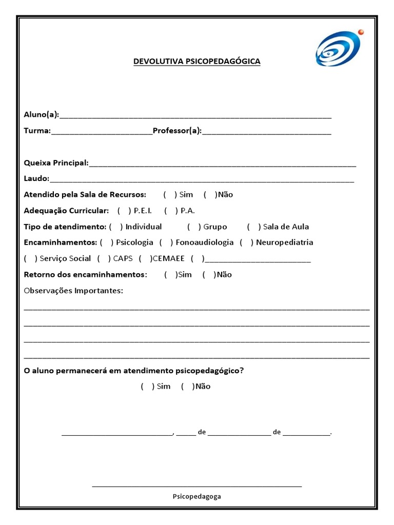 Devolutiva Psicopedagógica | PDF | Ciências comportamentais | Aprendizado