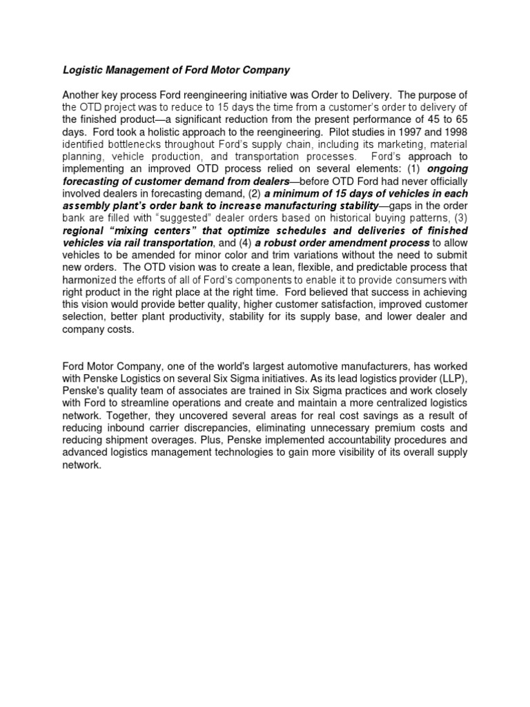 Ford's Logistics and OTD Improvement Strategies | PDF